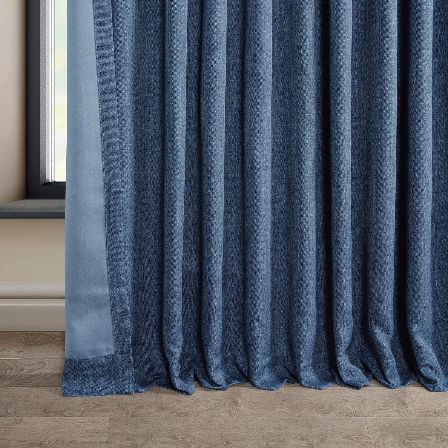 Denim Extra Wide Textured Faux Linen Room Darkening Curtain