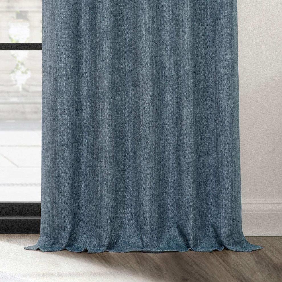 Reverie Blue Textured Faux Linen Room Darkening Curtain ...