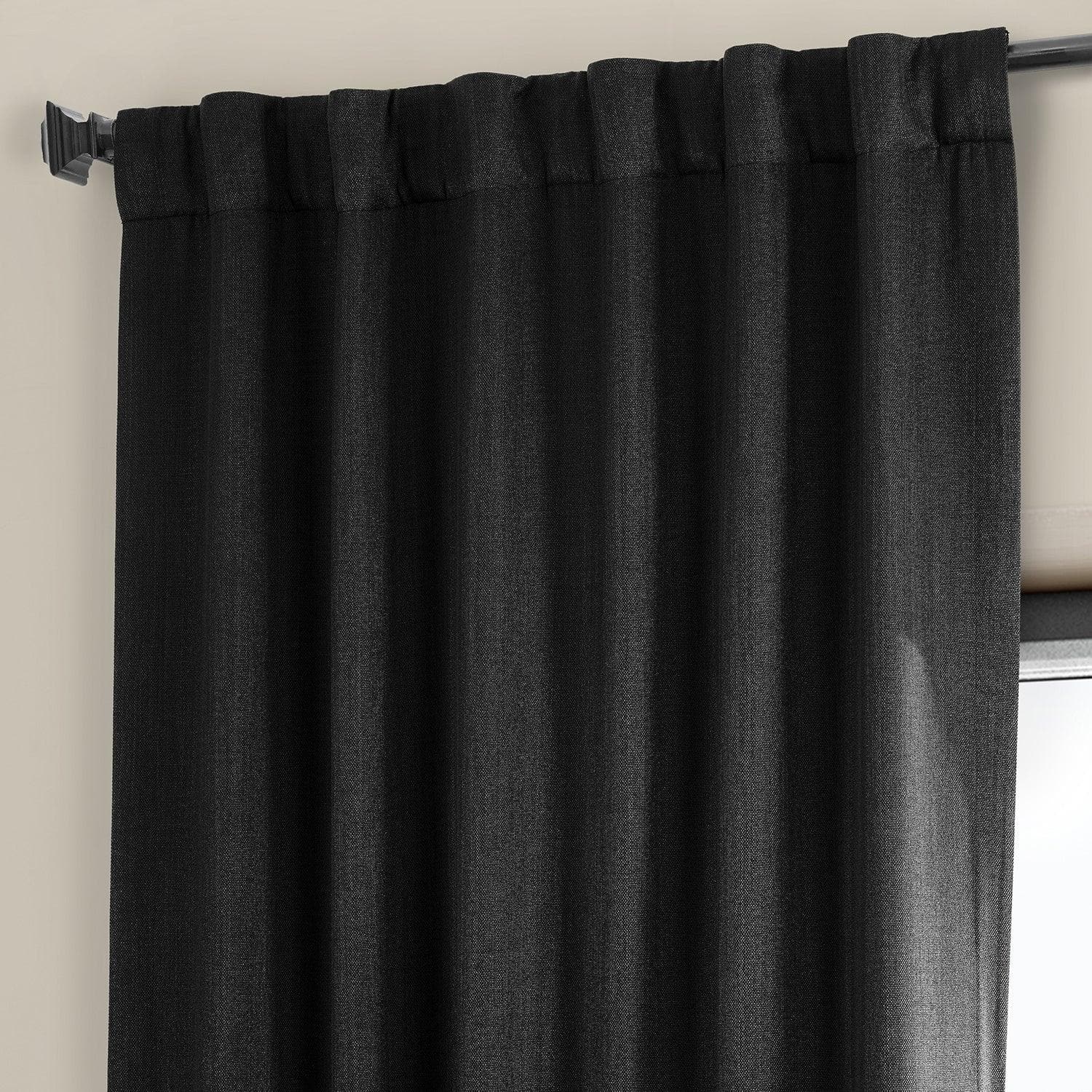 Essential Black Textured Faux Linen Room Darkening Curtain