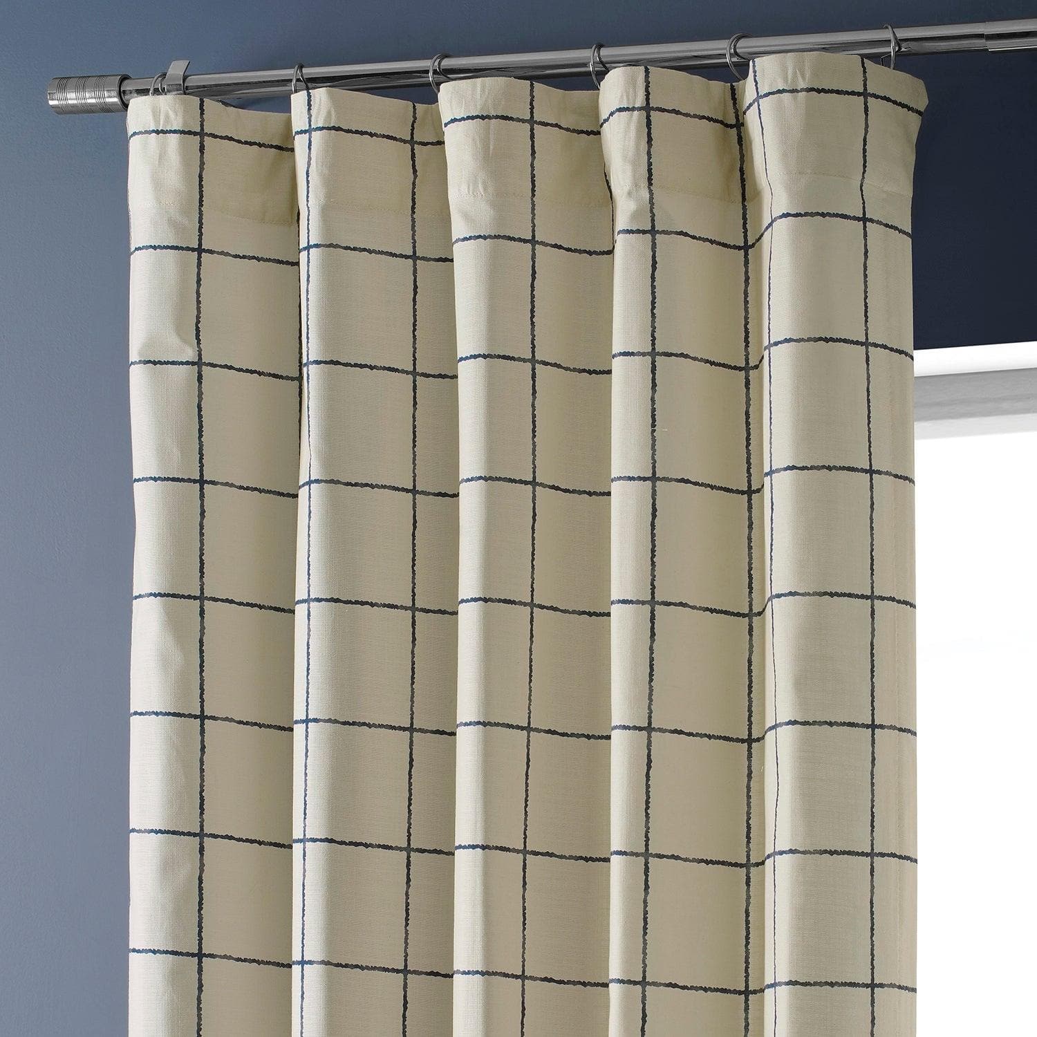 Window Pane Blue Plaid Textured Printed Cotton Curtain