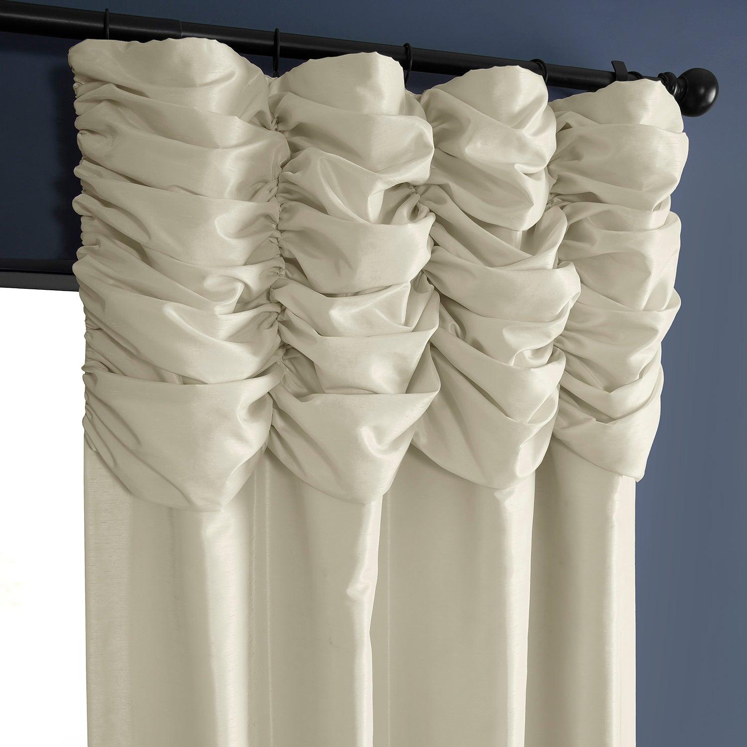 Off White Ruched Vintage Textured Faux Dupioni Silk Curtain