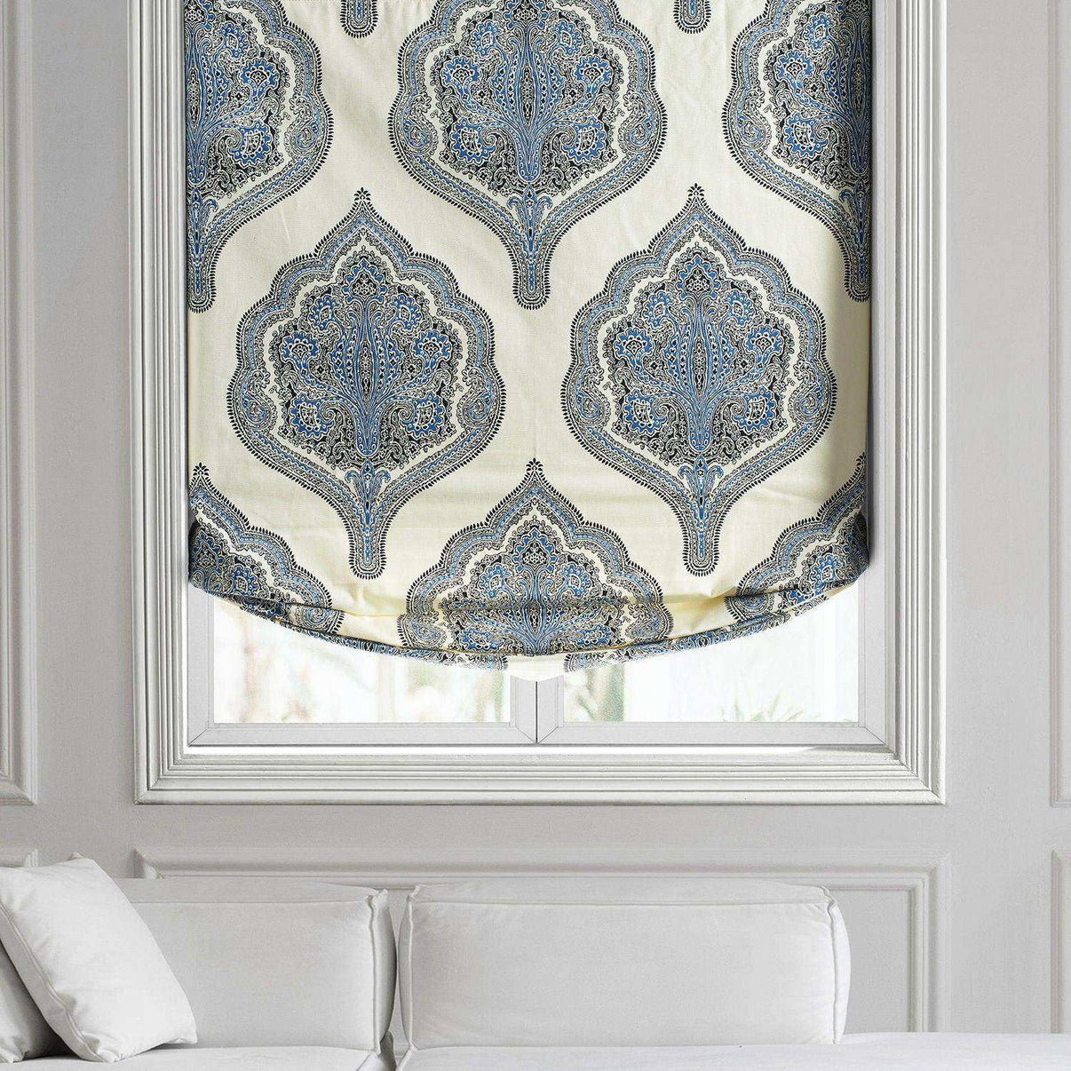 Arabesque Blue Emblem Printed Cotton Roman Shade – HalfPriceDrapes.com