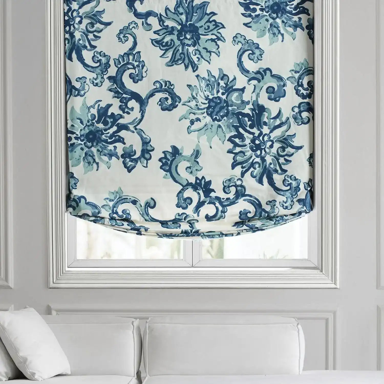Indonesian Blue Floral Printed Cotton Roman Shade – HalfPriceDrapes.com