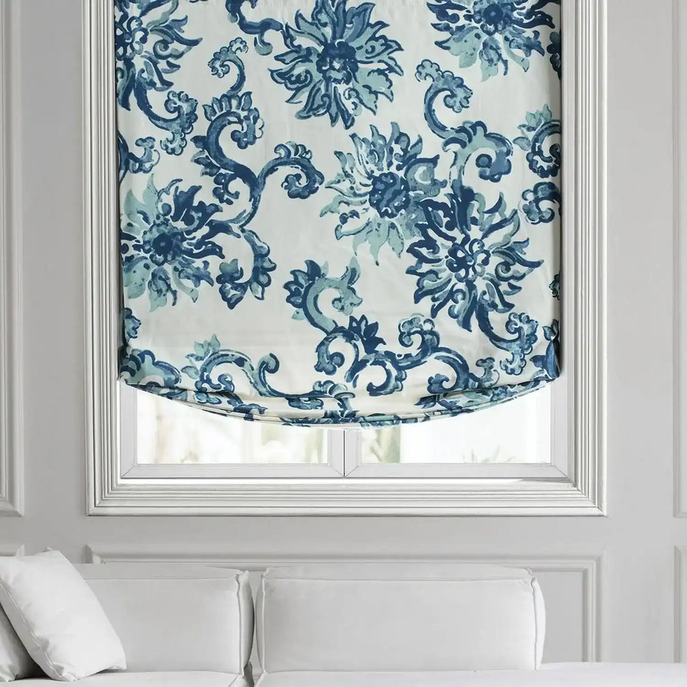 Indonesian Blue Floral Printed Cotton Roman Shade – HalfPriceDrapes.com