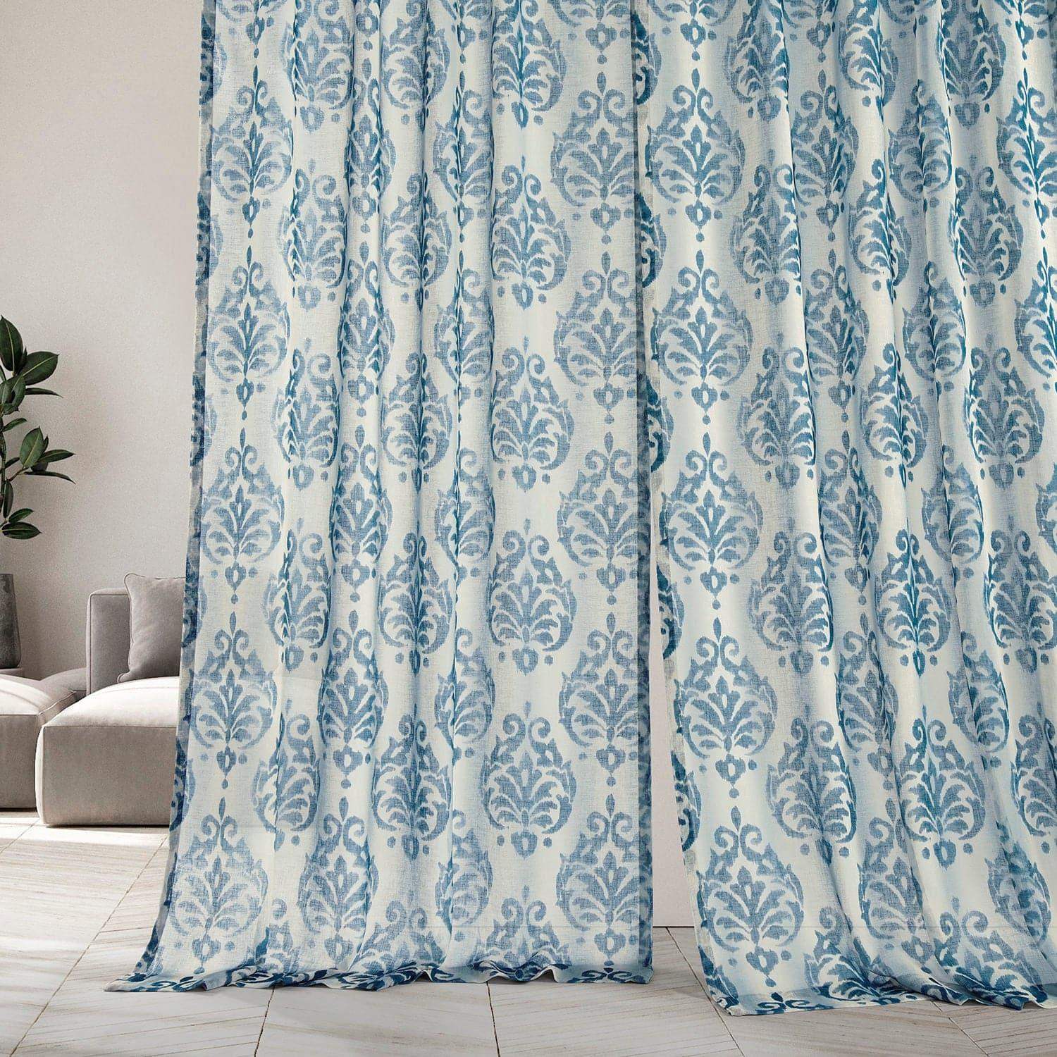 Fresco Blue Damask Printed Sheer Custom Curtain