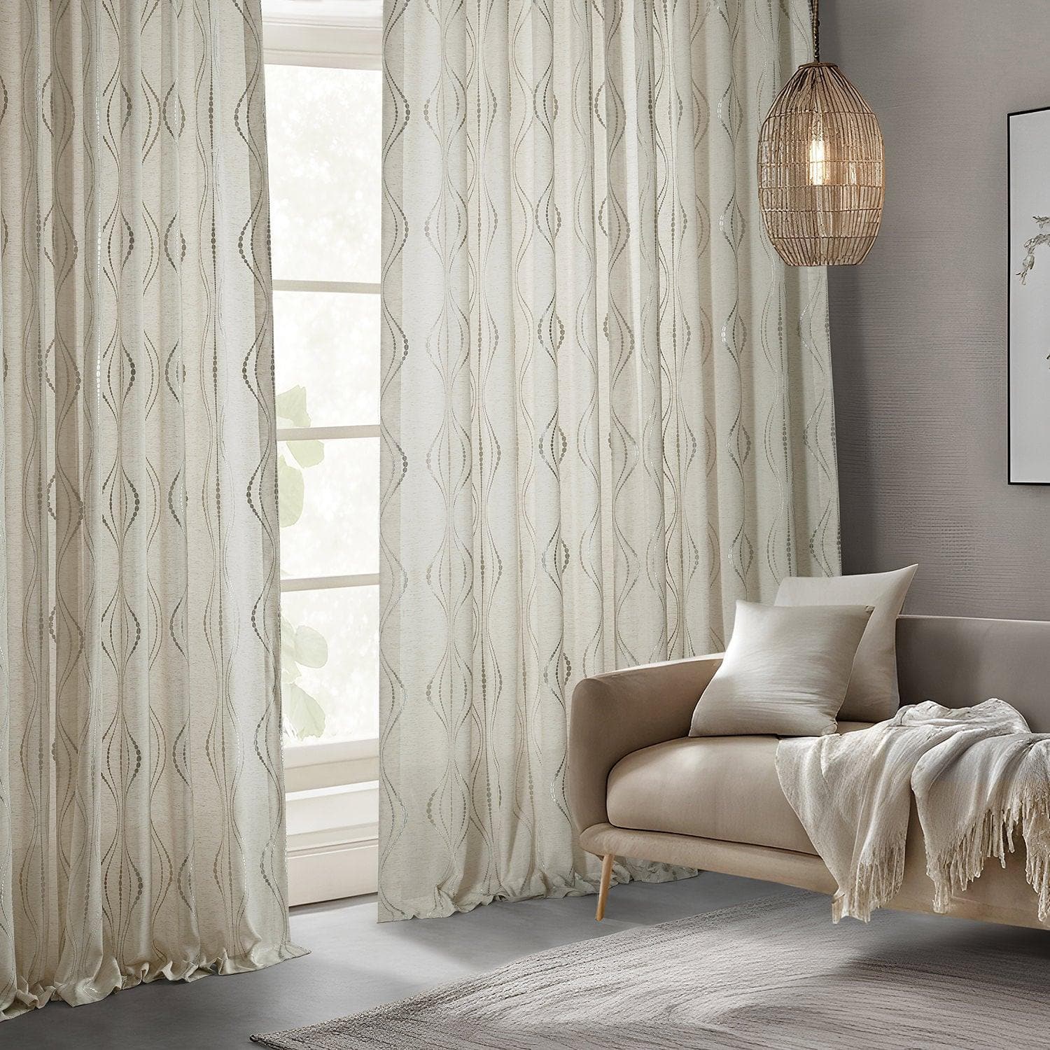 Suez Natural Striped Patterned Faux Linen Sheer Custom Curtain