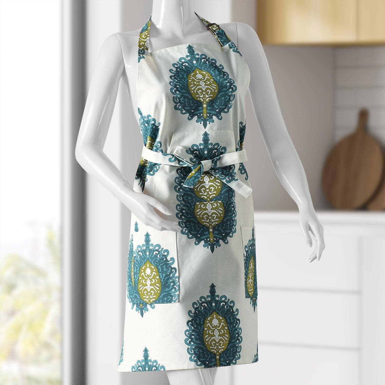 Mayan Teal Emblem Printed Cotton Apron