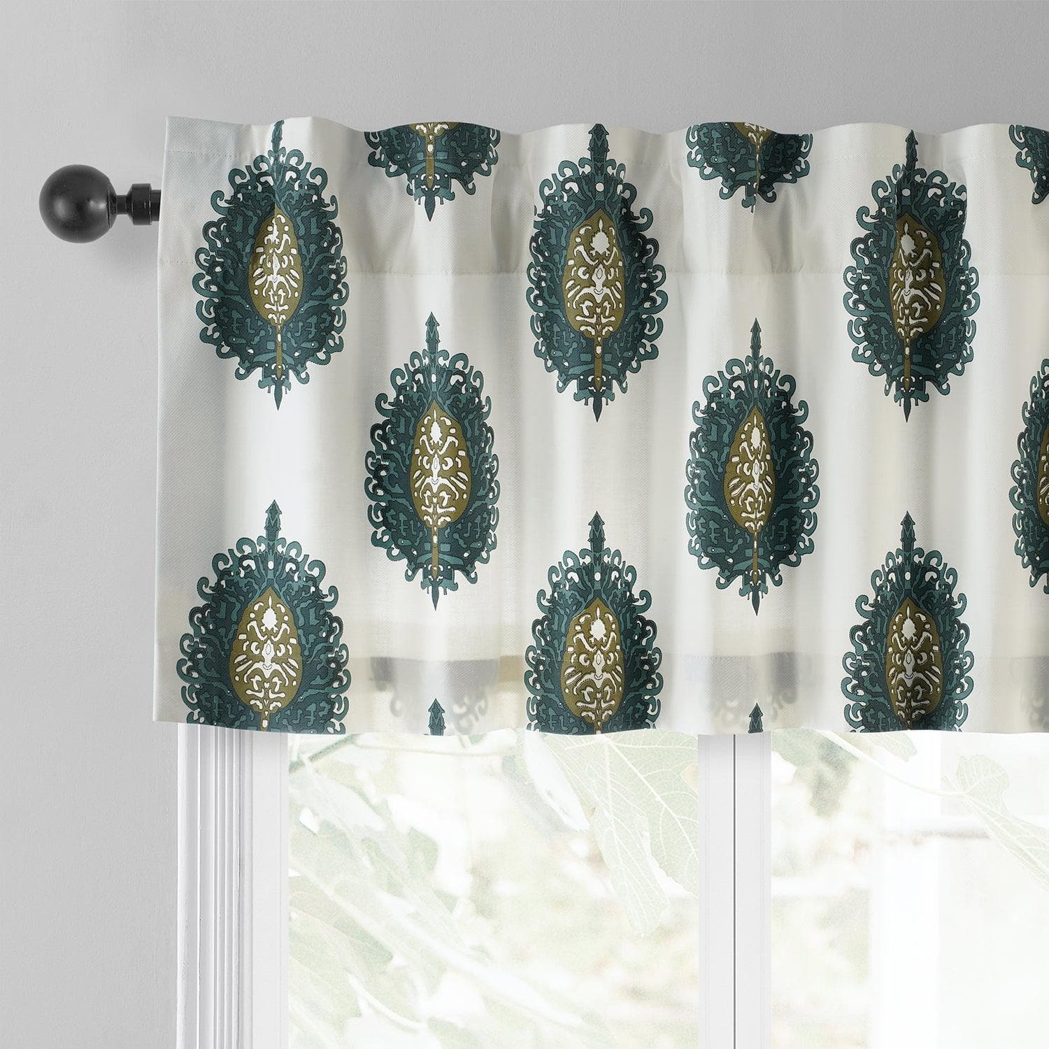 Mayan Teal Emblem Printed Cotton Window Valance